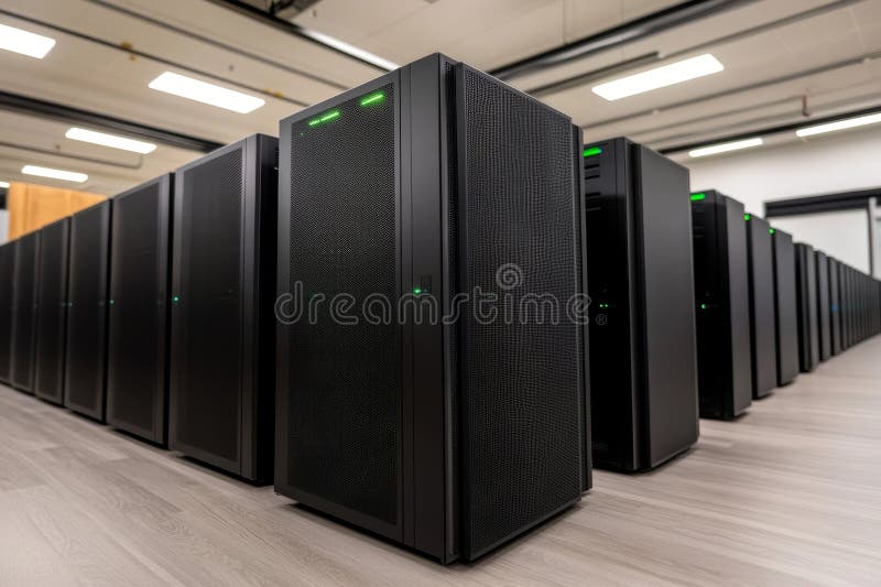 Rows of Server Racks with Green Lights in a Modern Data Center during ...