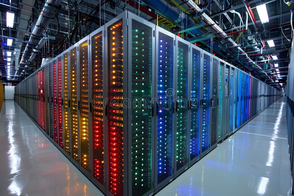 High-Tech Data Center with Colorful Servers for Advanced Computing and ...