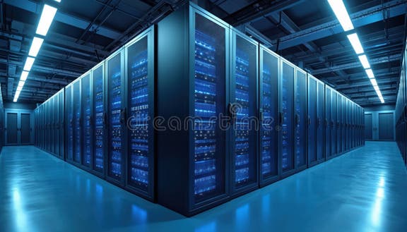 Modern Data Center Featuring Rows of Server Racks with Blue Lights ...
