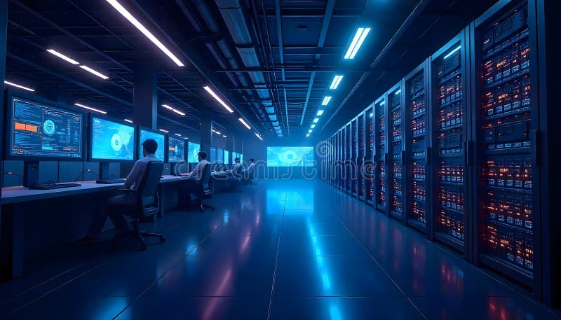 Modern Data Center Featuring Rows of Server Racks on the Right, Glowing ...