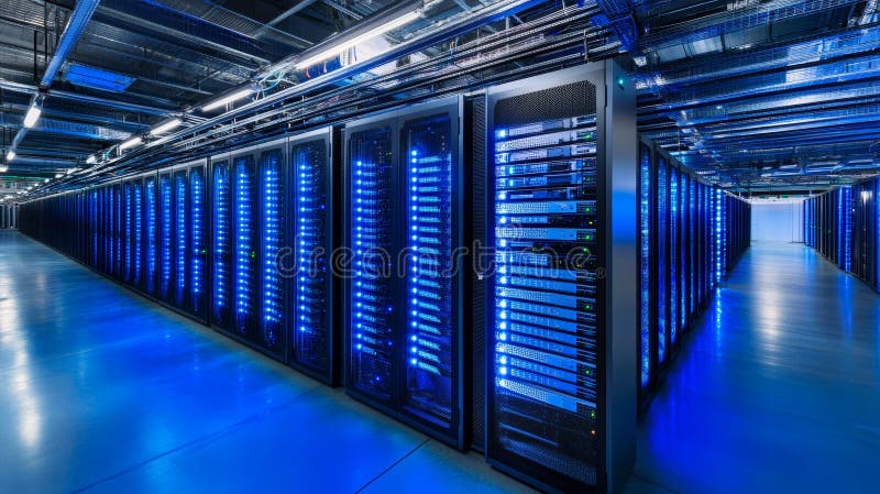 A Modern Data Center Featuring Rows of Servers Illuminated by Blue LED ...