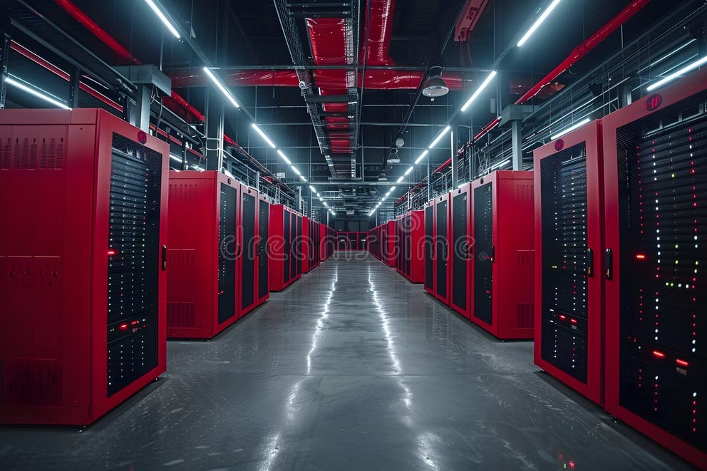 Modern Data Center with Red Server Racks in High-Tech Facility Generative AI Stock Illustration ...