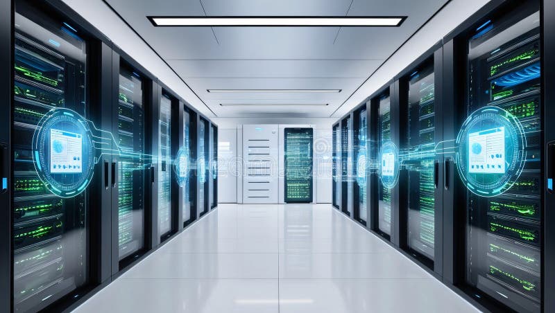 Modern Data Center Featuring Secure Server Racks and Hologram ...