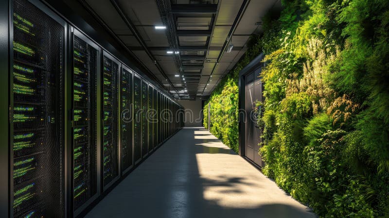 A Modern Data Center Featuring Server Racks Alongside a Vertical Garden ...