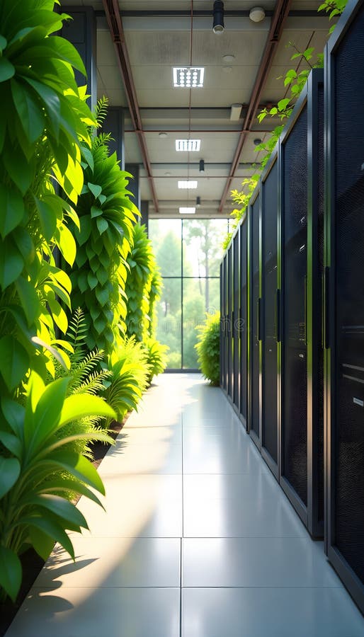 Sustainable Data Center with Server Racks and Thriving Green Plants ...