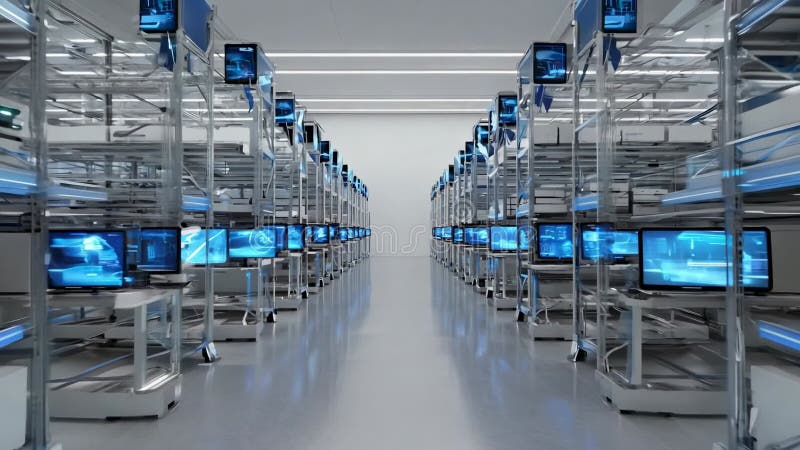 Modern Data Center Infrastructure with Rows of Network Servers and ...