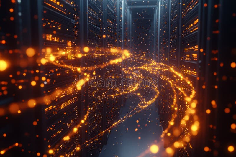 Innovative Data Center with Glowing Orange Particles and Cutting-edge Server Technology Stock ...