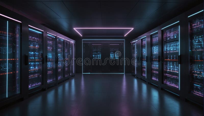 Modern Data Center with Futuristic Neon Lighting and High-Tech Server Racks Stock Illustration ...