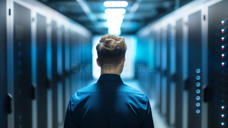 A Modern Data Center with a Futuristic Person Standing in a Hallway ...