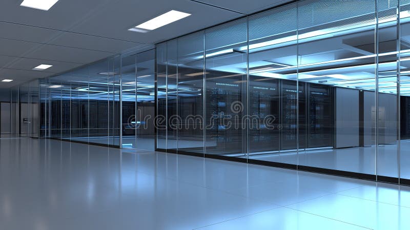 Modern Data Center with Glass Walls and Blue Lighting Showcasing Rows ...