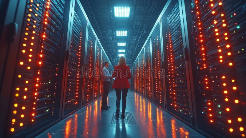 A Modern Data Center with Glowing Red Lights, Showcasing Advanced ...