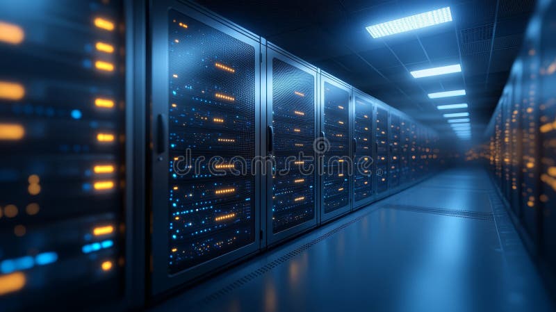 Modern Data Center with Glowing Server Racks Stock Illustration ...