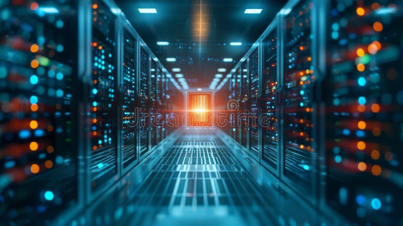 Modern Data Center with Glowing Server Racks Stock Illustration ...