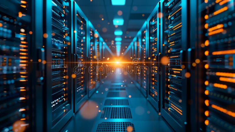 Modern Data Center with Glowing Server Racks Stock Illustration ...