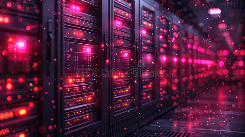 Modern Data Center with Glowing Servers and Futuristic Technology. Pink ...