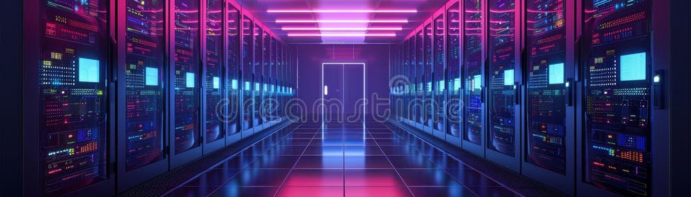 Modern Data Center Hall with Illuminated Servers, Showcasing High-tech ...