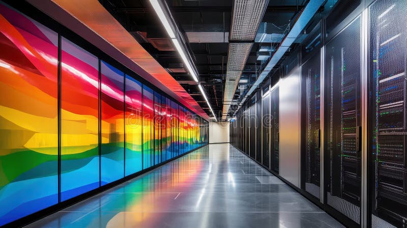A Modern Data Center Hallway Featuring Colorful Artwork and Rows of ...
