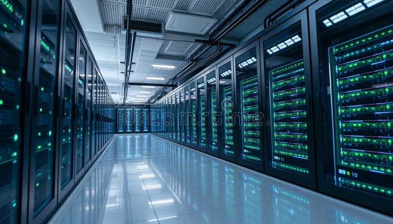 A Modern Data Center Hallway Featuring Rows of Server Racks on Both ...