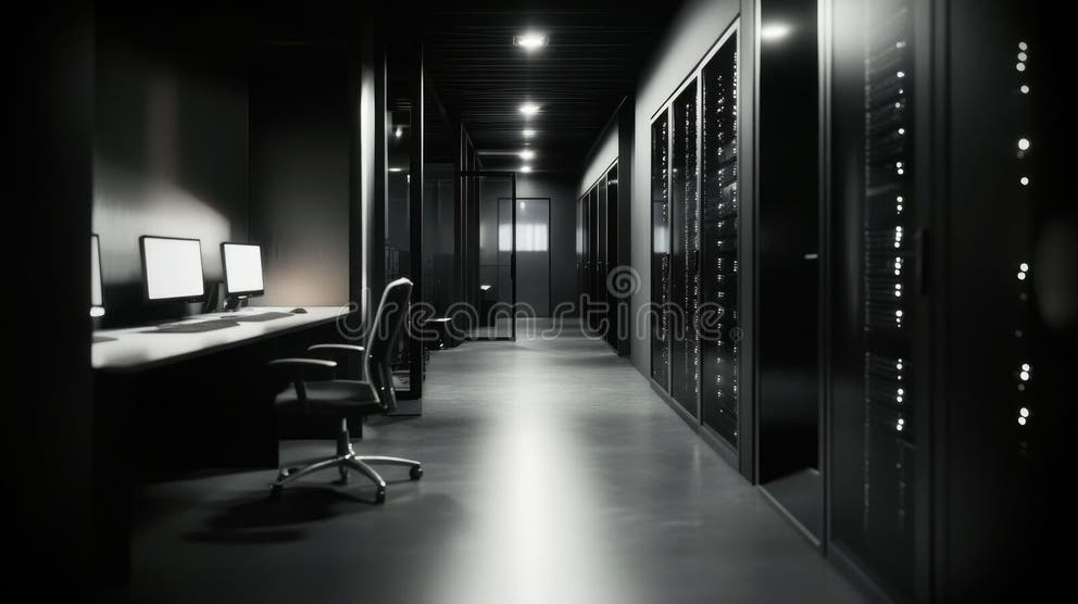 Modern Data Center Hallway with Monitors and Server Racks in Minimalist ...