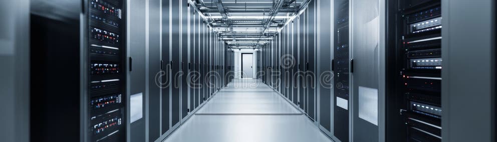 A Modern Data Center Hallway Showcasing Rows of Servers with an ...