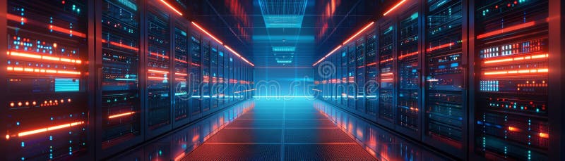 Modern Data Center with Illuminated Server Racks and a Futuristic Blue ...