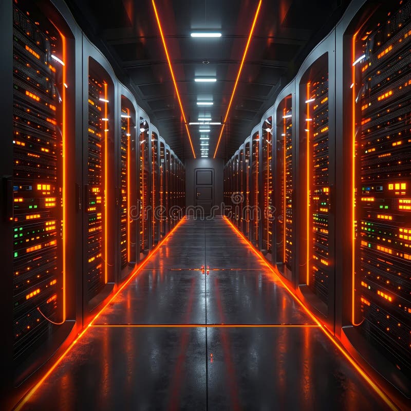 Modern Data Center with Illuminated Servers at Night Showcasing ...