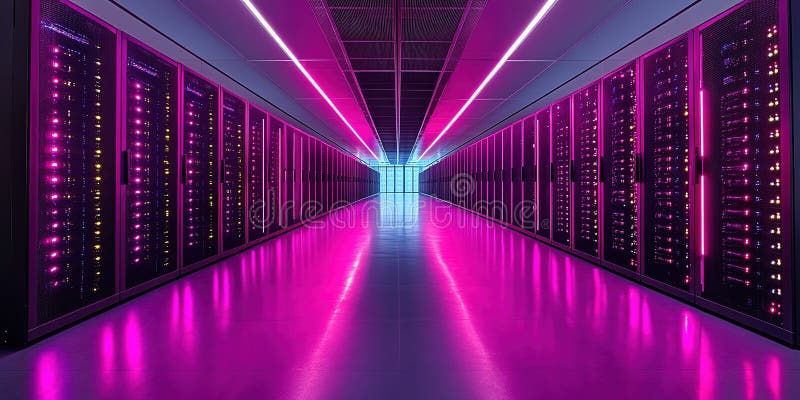 Modern Data Center Illuminated with Vibrant Pink Lights at Night ...