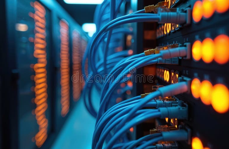 Modern Data Center Infrastructure with Fiber Optic Cables, Patch Panels ...