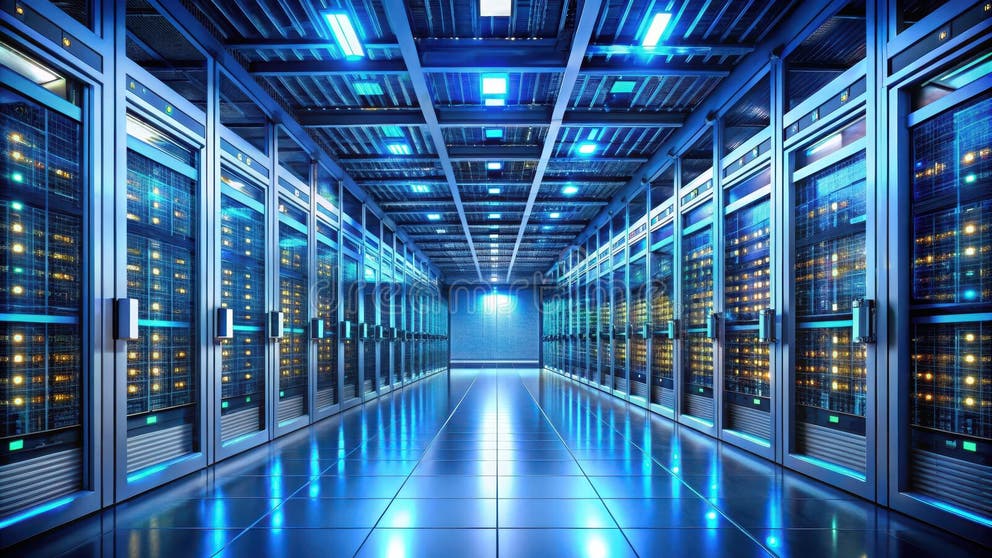 Modern Data Center Infrastructure Rows of Illuminated Servers in a High ...