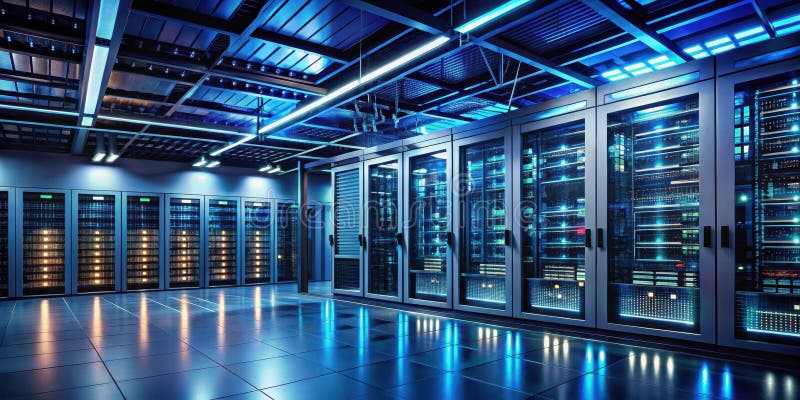 Modern Data Center Infrastructure Rows of Servers Illuminated by Blue Light in a High-tech ...