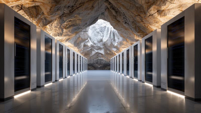 Modern Data Center Inside a Mountain with Rows of Server Racks and ...