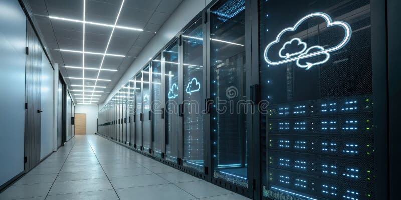 Modern Data Center Interior with Cloud Icons and Network Server Racks ...