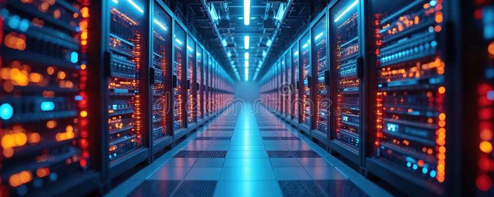 Modern Data Center Interior, Endless Server Racks with Glowing Lights ...