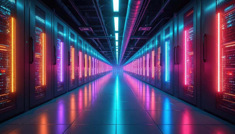 Futuristic Server Rack Neon Lights Digital Connections Stock Photos ...