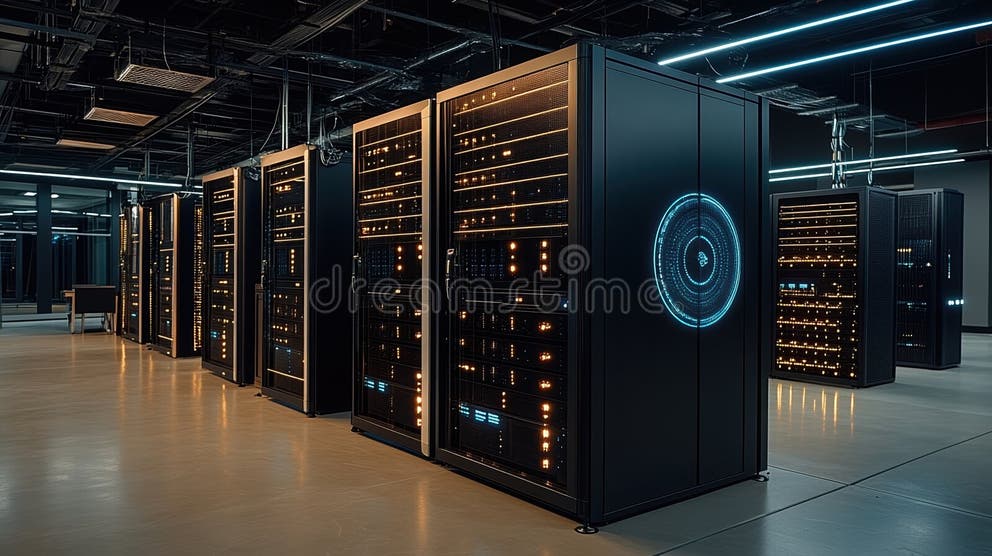 Modern Data Center Interior with High-tech Servers and Digital Interfaces Illuminated in ...