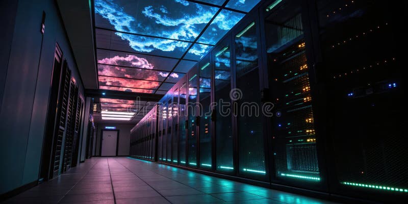 Modern Data Center Interior with Illuminated Racks and Colorful Cloud ...