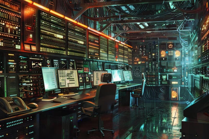 Futuristic Server Room with Workstation Stock Image - Image of digital ...