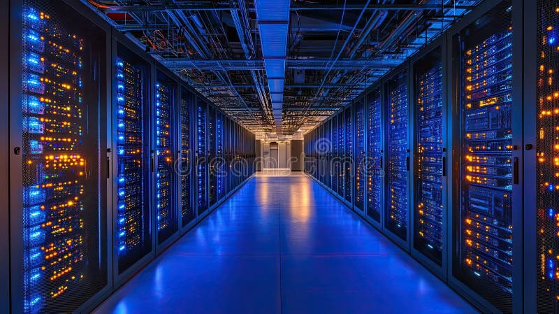 Modern Data Center Interior with Illuminated Servers Stock Illustration ...