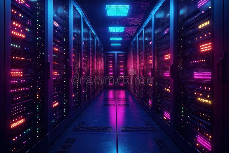 Modern Data Center Interior Lit with Vibrant Neon Lights. Rows of ...