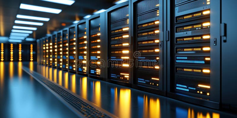 Modern Data Center Interior with Rack Servers and LED Indicators ...