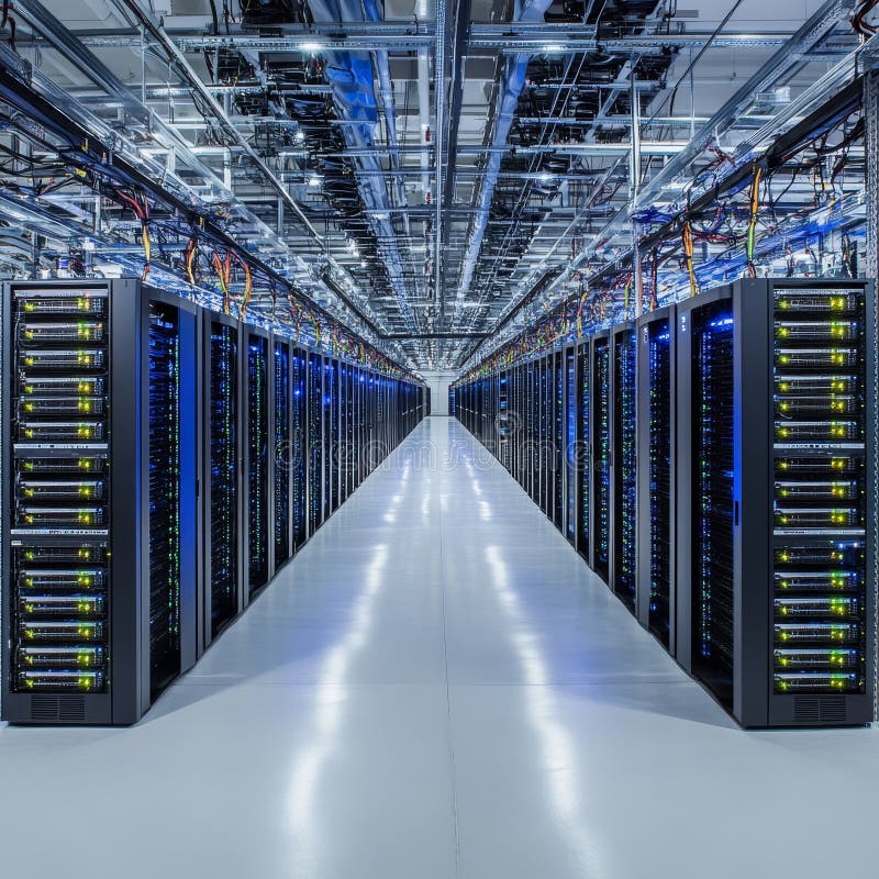 Modern Data Center Interior with Rows of Server Racks, Network Hardware ... Modern Data Center Interior with Rows of Server Racks, Network Hardware ...
