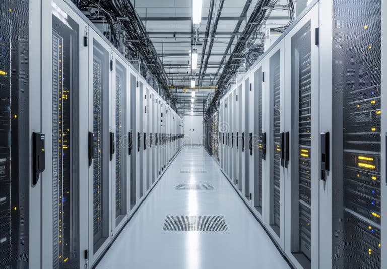 Modern Data Center Interior Rows of Server Racks Under Bright Lights ...