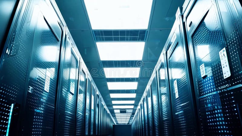 Modern Data Center Interior with Rows of Servers and Bright Overhead ...