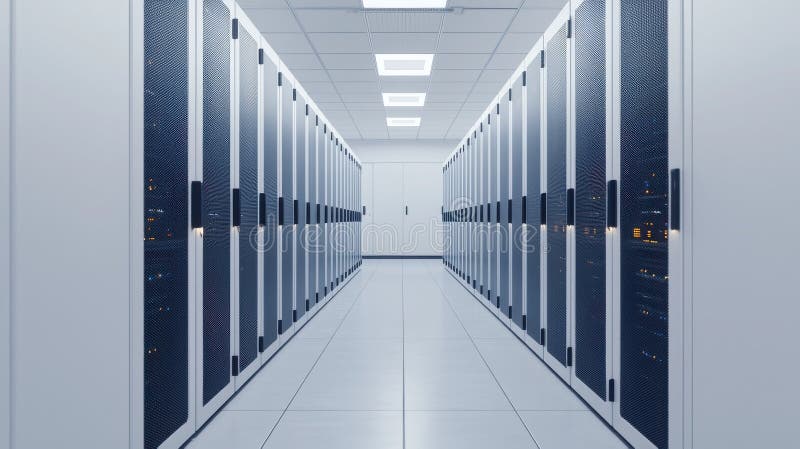 Modern Data Center Interior with Rows of Servers and Brightly Lit ...