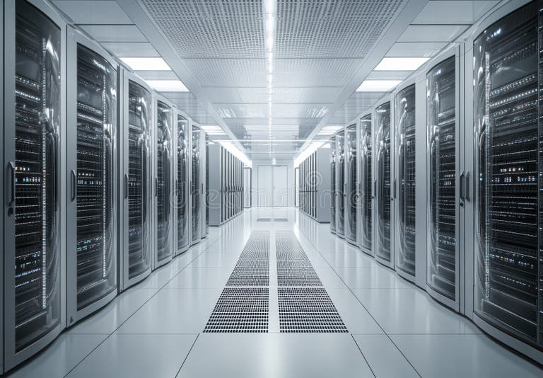 Modern Data Center Interior Rows of Silver Servers in Bright White Room ...