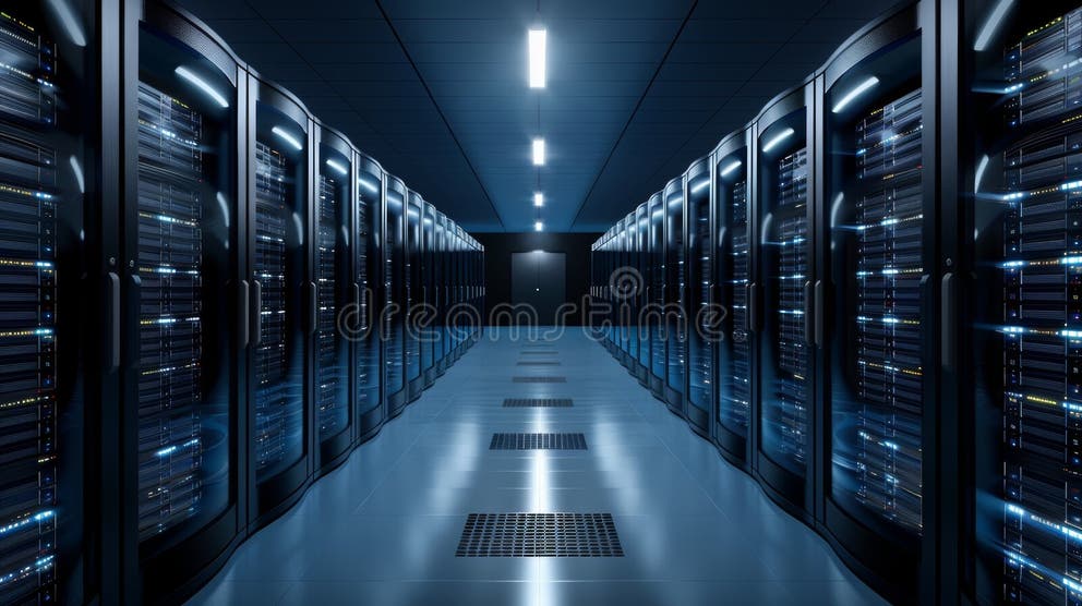 Modern Data Center Interior with Server Racks and Blue Lighting ...