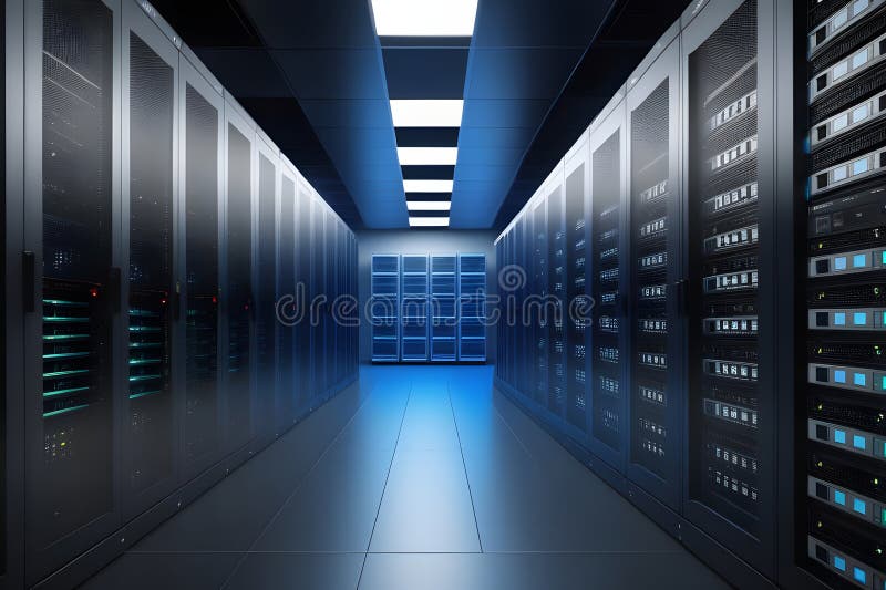 Modern Data Center Interior with Server Racks. 3D Rendering for Tech ...