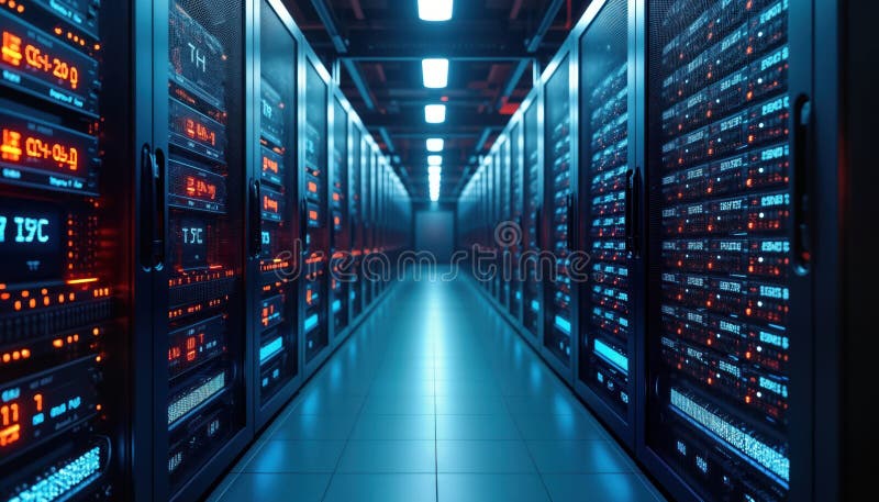 Modern Data Center Interior Shows Rows of Server Racks. Tech Equipment ... Modern Data Center Interior Shows Rows of Server Racks. Tech Equipment ...