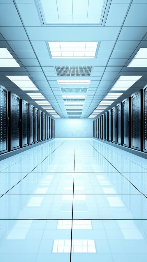 In a Modern Data Center, a Long Corridor is Filled with Rows of Dark ...