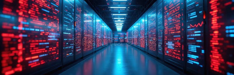 Modern Data Center with Many Digital Screens Displaying Complex Data. High-tech Server Room with ...